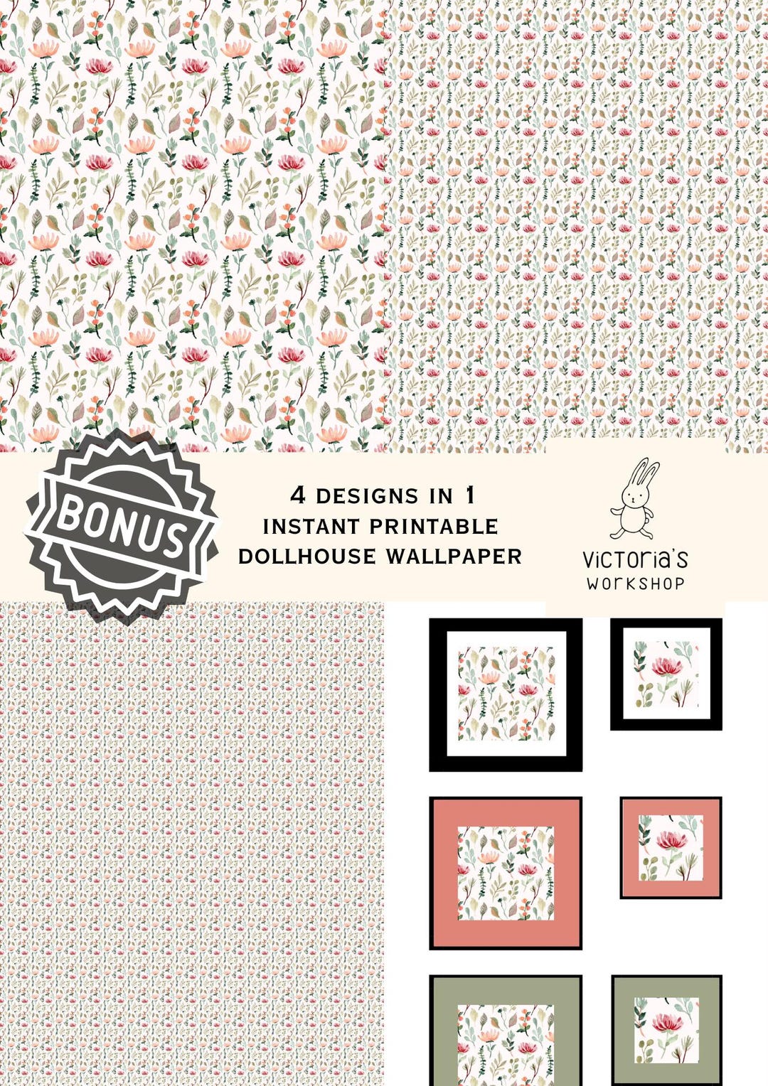 Dollhouse Wallpaper Pink Floral With BONUS | 4 in 1 Designs | Printable ...