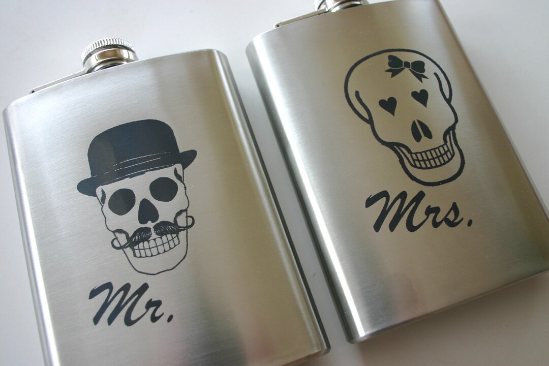 Mr and Mrs Skull 6oz Laser Engraved Flasks Weddings Etched Stainless ...