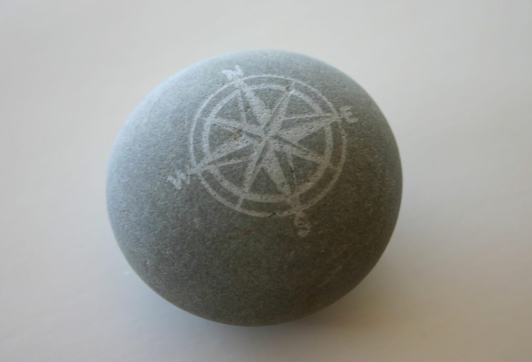 Compass Rose Engraved Stone Nautical River Rock Compass Paperwieght ...
