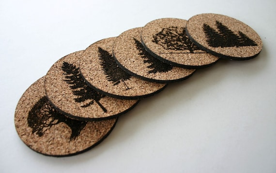 Trees Cork Coasters Set of 6 Woodland Etched Cork Coasters | Etsy