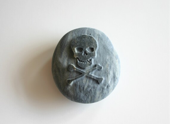 Skull and Crossbones Engraved Grey Stone Ocean Pebble | Etsy