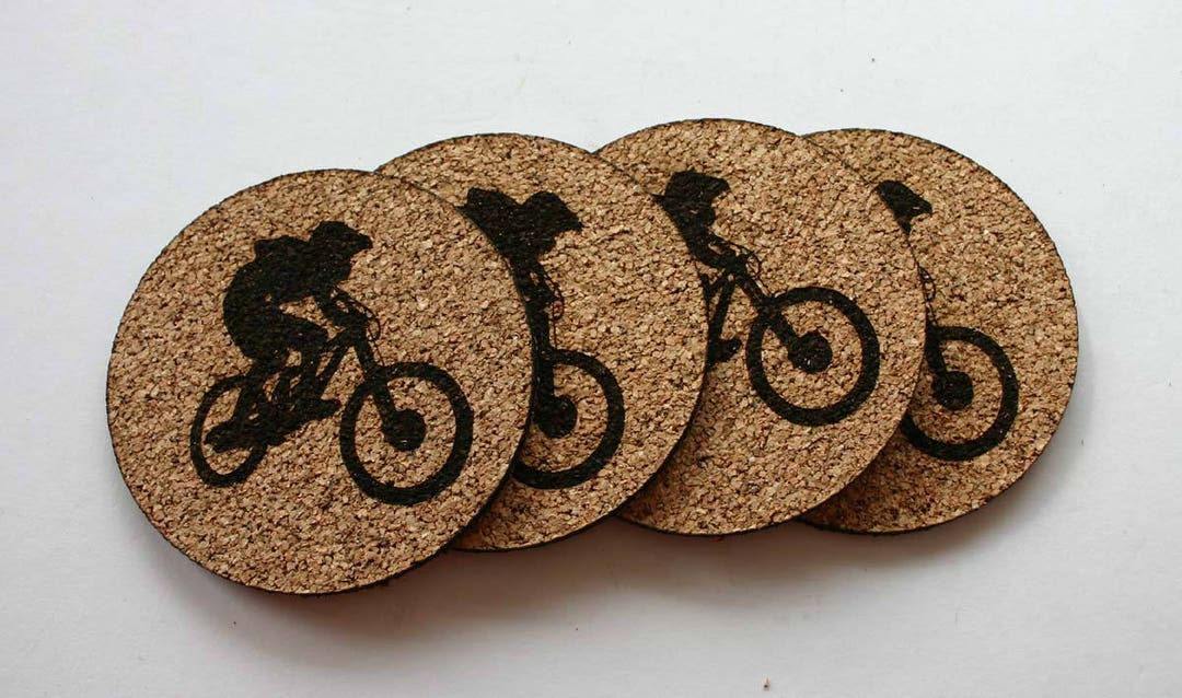 Bicycle Cork Coasters Set of 4 Bike Coasters Etched Cork Mountain Biker ...