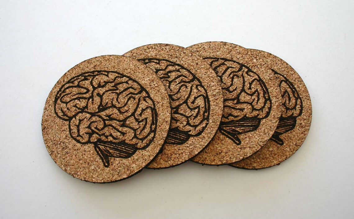 Brain Cork Coasters Set of 4 Brain Coasters Etched Cork - Etsy