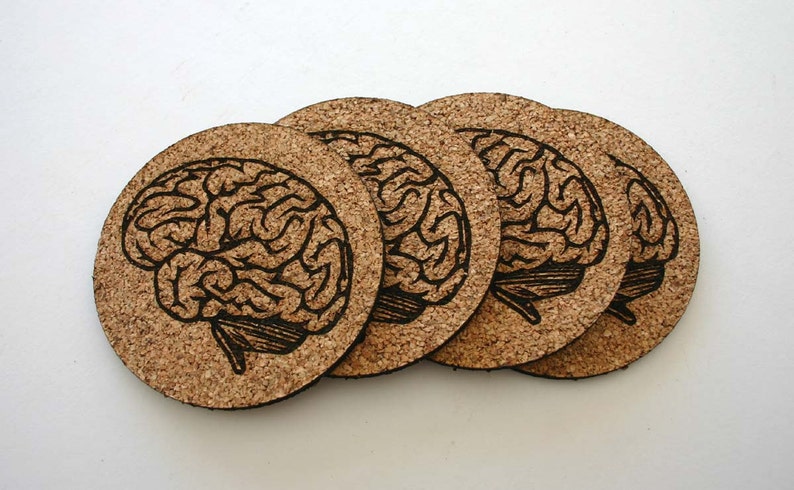 Brain Cork Coasters Set of 4 Brain Coasters Etched Cork | Etsy