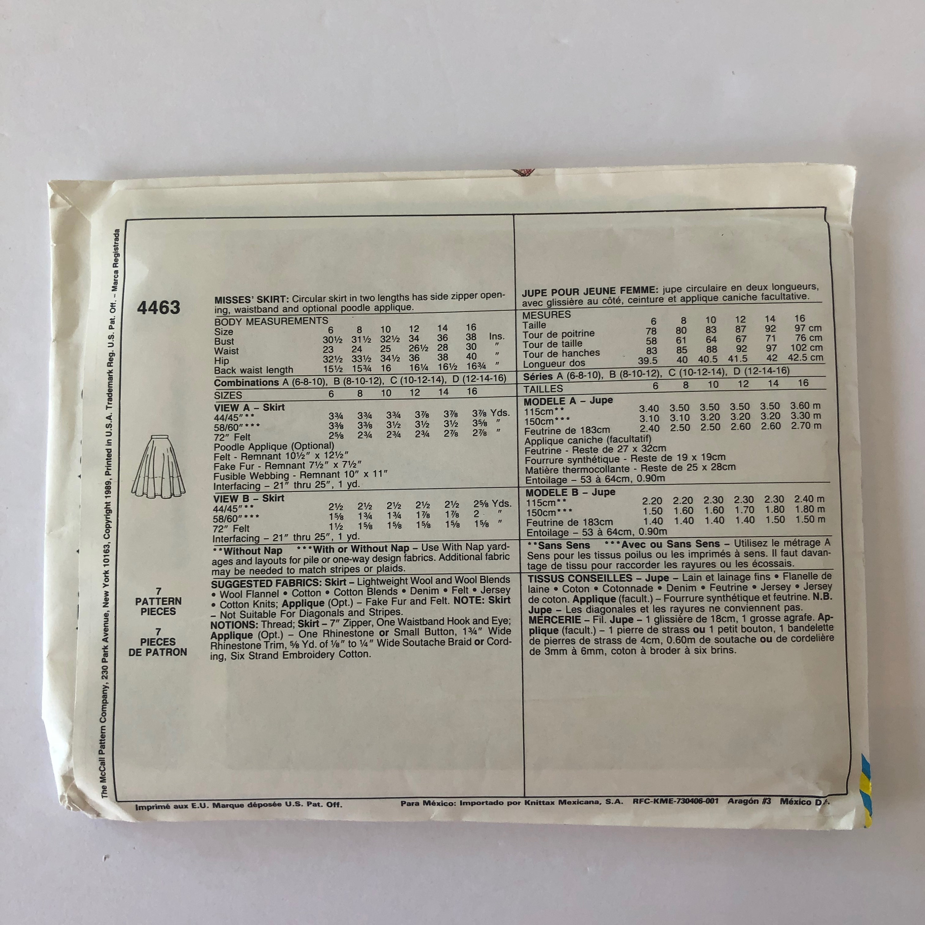 Vintage Circle Skirt Pattern, Mccall's 4463, Poodle Skirt Pattern ...