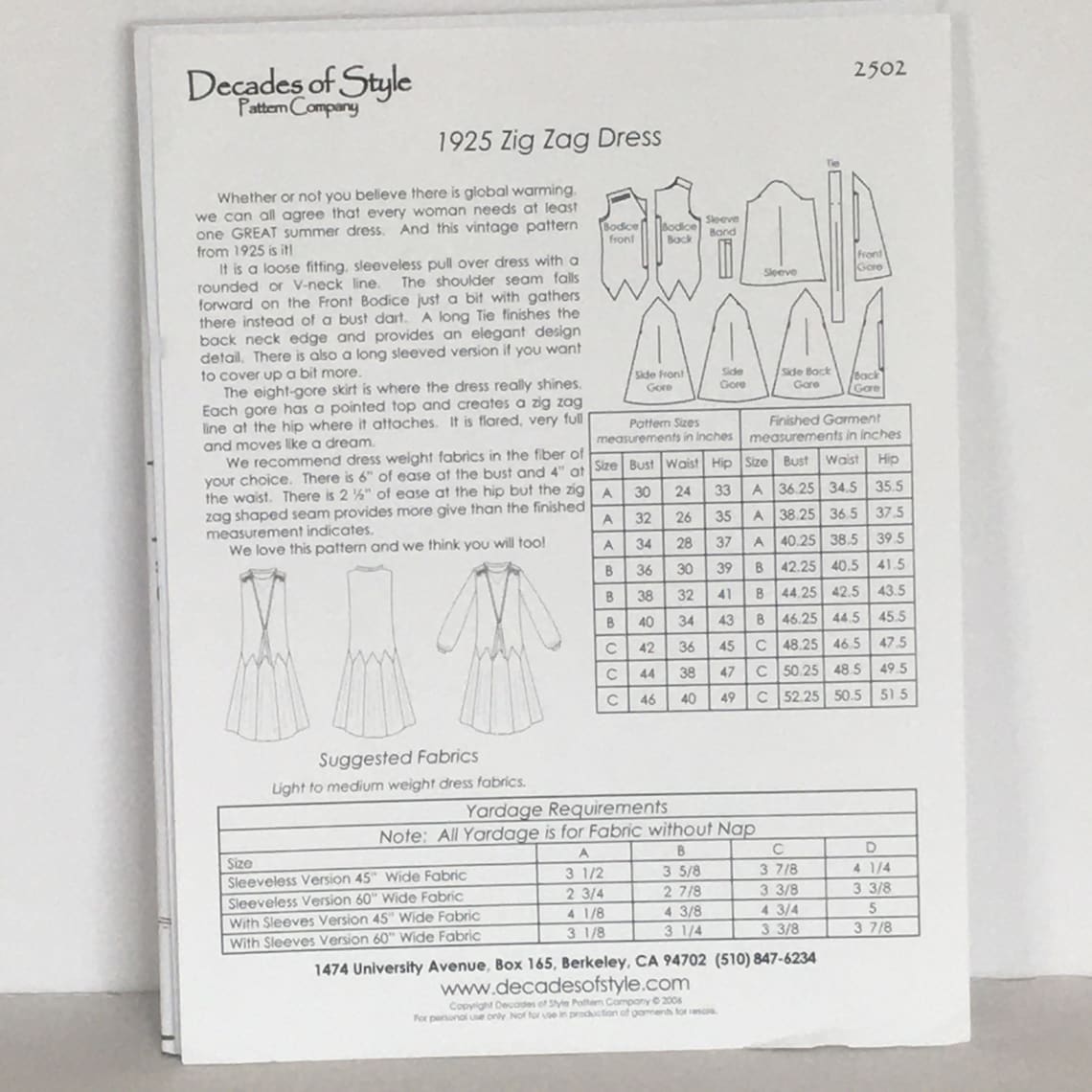 1920's Zig Zag Dress, Decades of Style #2502B, Paper Repro Sewing ...