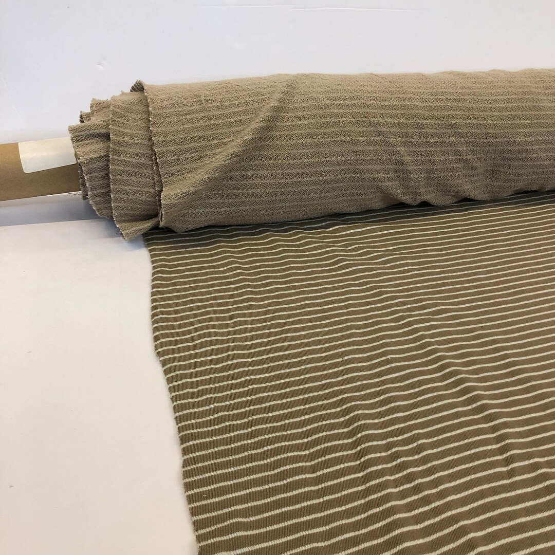 Oatmeal & White Stripe French Terry Fabric, Lightweight Cotton Blend ...