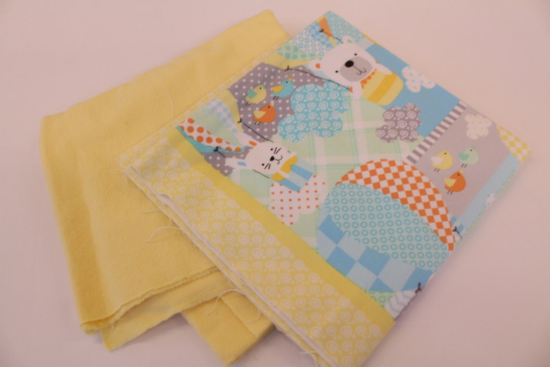 Bear and Bunny Balloon Yellow Blue and White Quilt Panel, Flannel Quilt ...