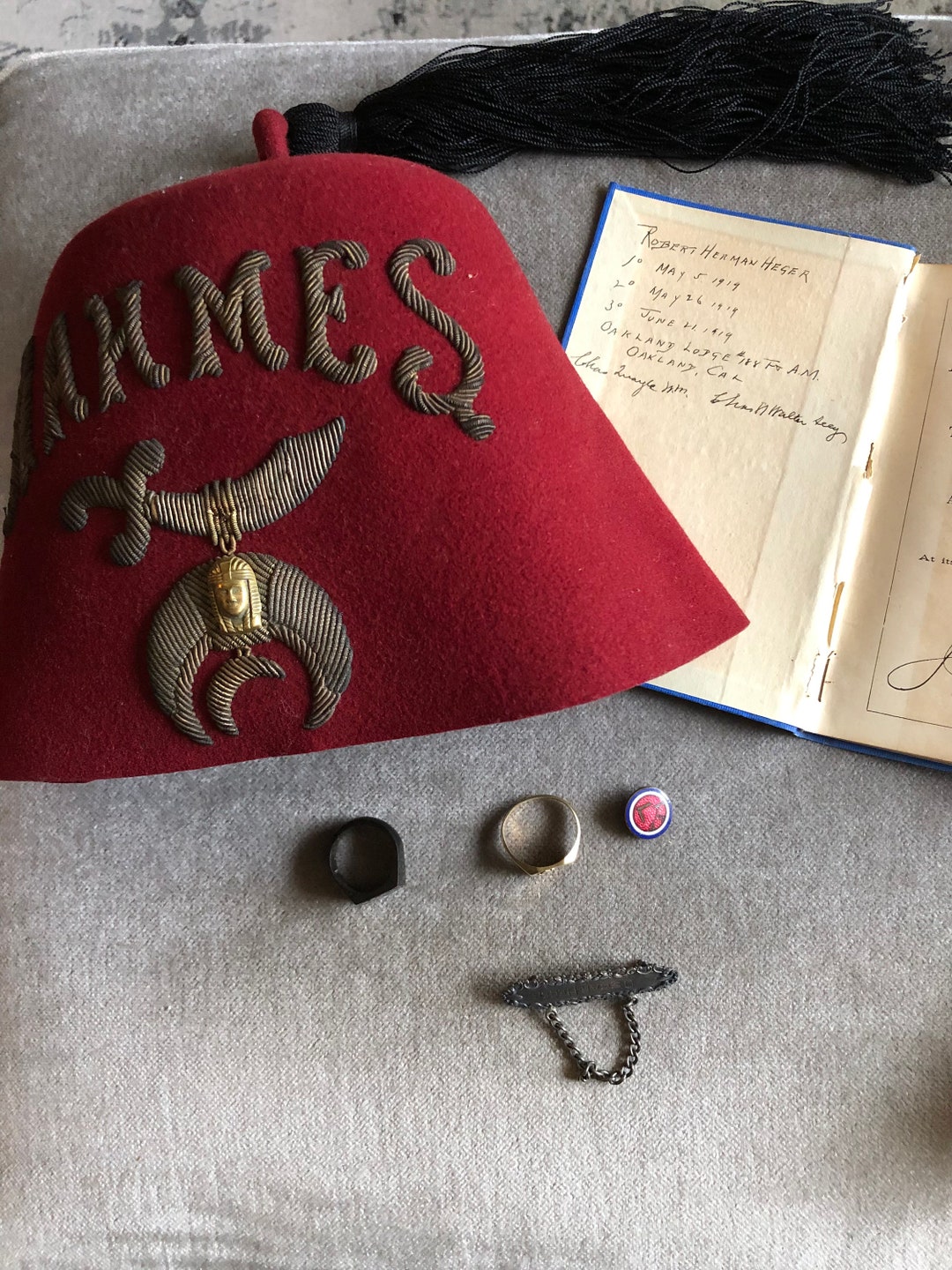 Antique Lot of Masonic Aahmes Ephemera Fez Rings Badge Glasses and ...