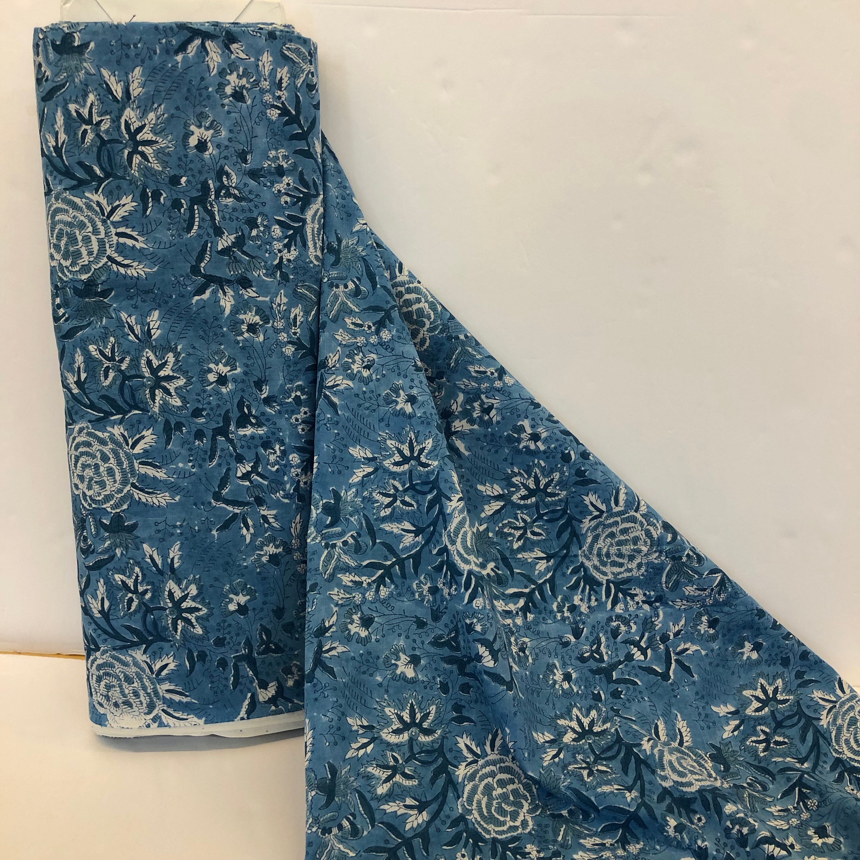 Cornflower Blue Floral Cotton Fabric, Indian Block Print, 44" Wide BTY ...