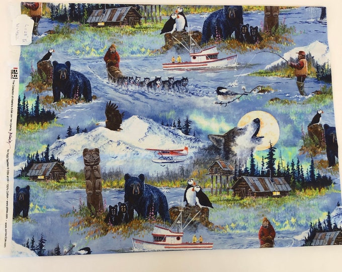 Winter Cabin Wildlife Landscape Print Fabric Remnant, Alaska Dogsled ...