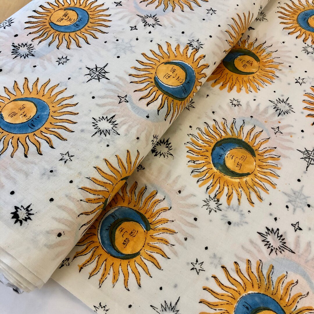 Sun Moon Block Print Fabric, Yellow Blue White Indian Block Print, Made ...