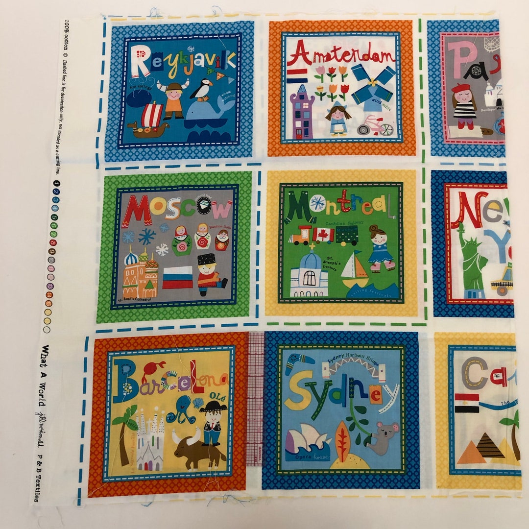 Cartoon Foreign Countries Print Fabric Remnant, Travel Themed Quilting ...