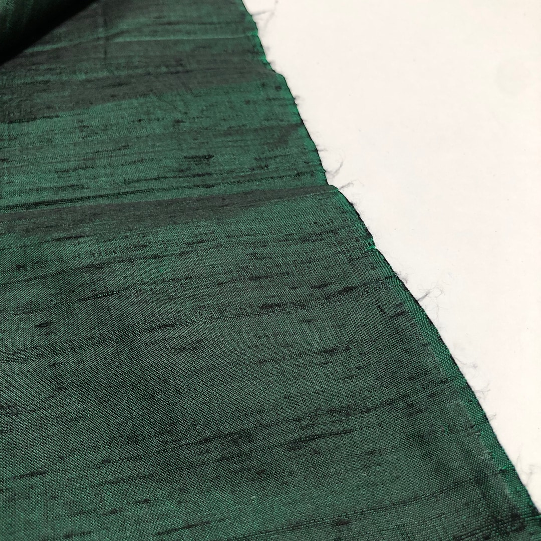 Dark Emerald Green Shantung Silk Fabric , Green Warp X Black Weft Slub Silk De-stash Remnant ...