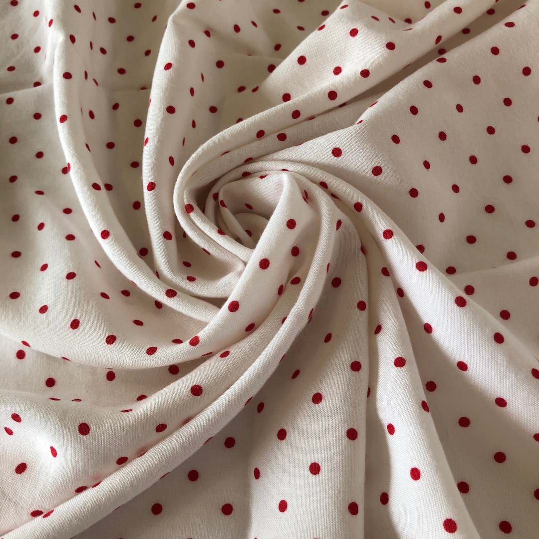 Polka Dot Cotton Blend Woven Fabric (1 Way Stretch), White & Red Polka ...