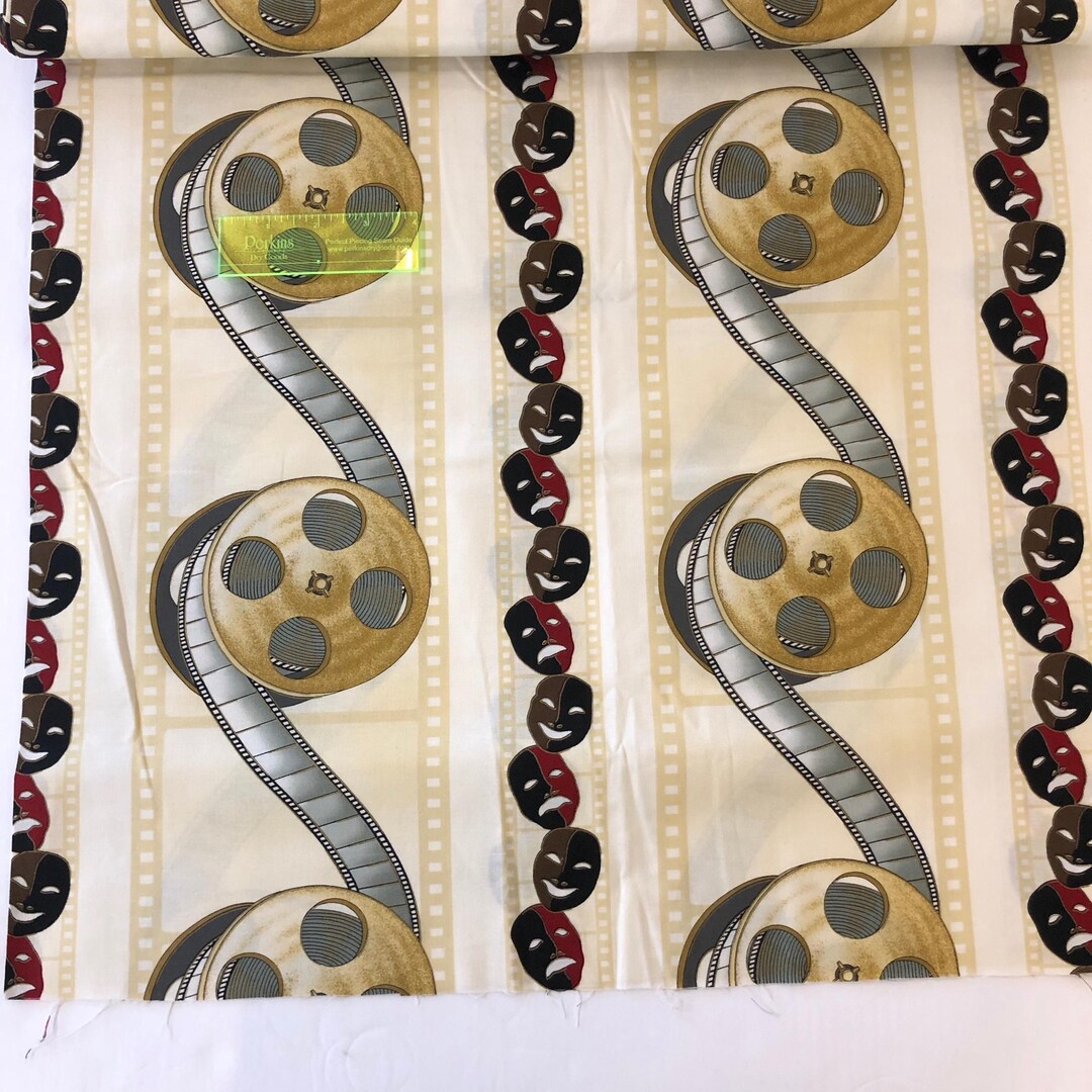 Film Reel and Theater Mask Print Fabric, "lights, Camera, Action" Movie ...
