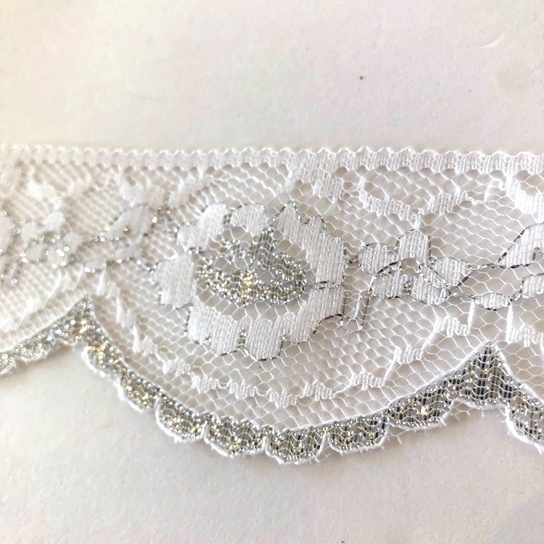 White Floral Lace With Metallic Silver 2" Wide Lace, Sold by the Yard ...