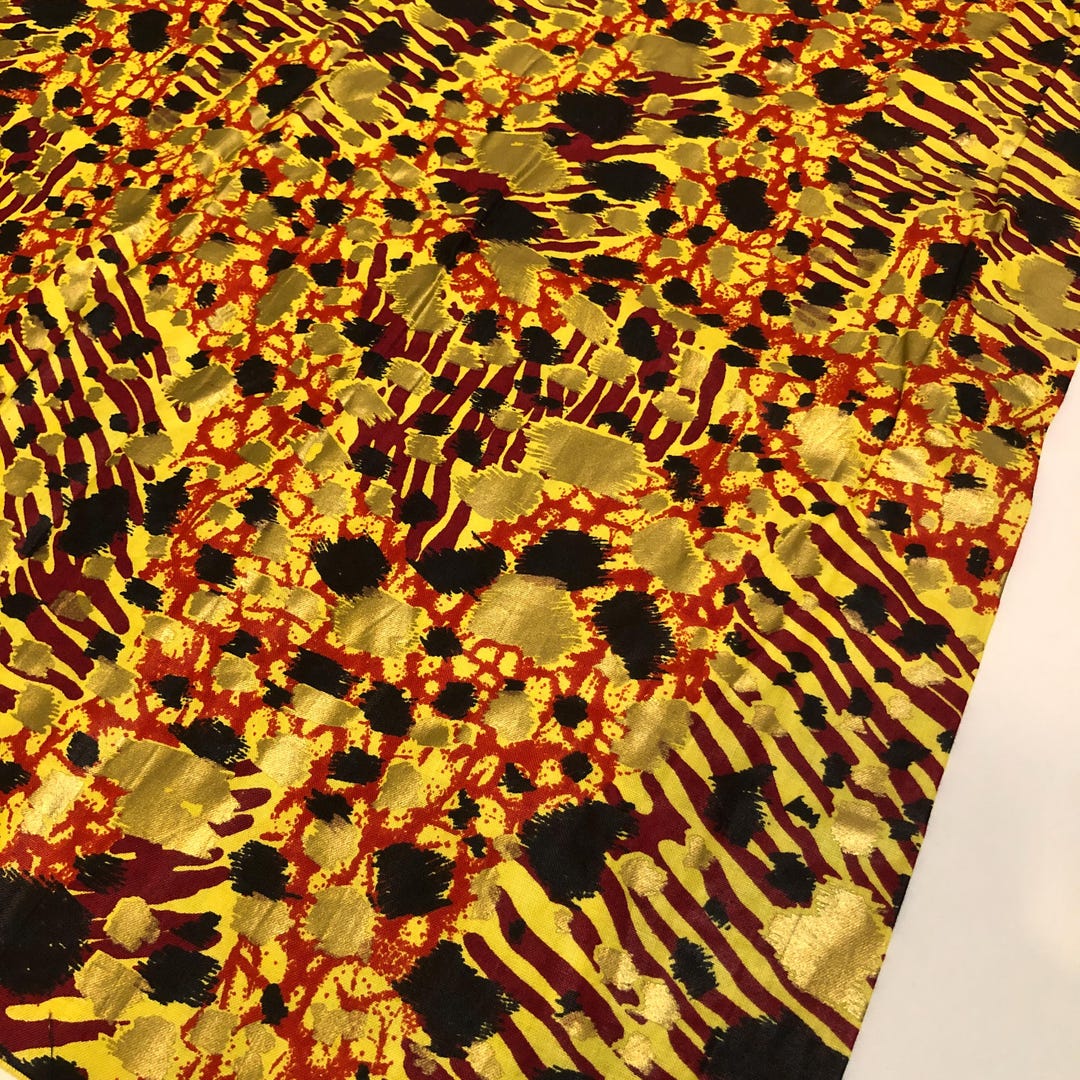 Yellow Black Red Stripes & Spots Metallic Block Print Fabric Remnant ...