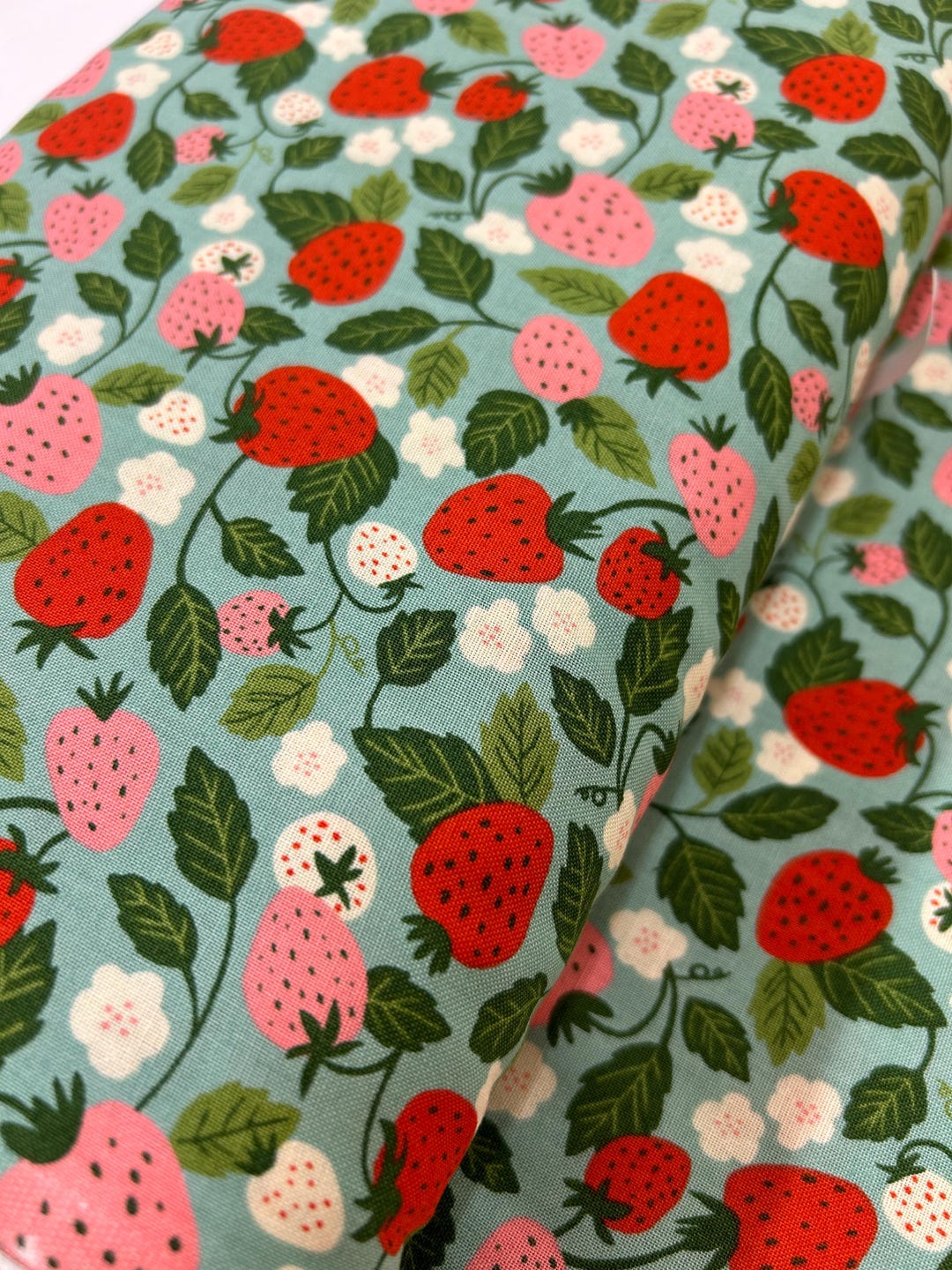 Cosmo Textile Strawberry Vines Red Pink and White Strawberries on Minty ...