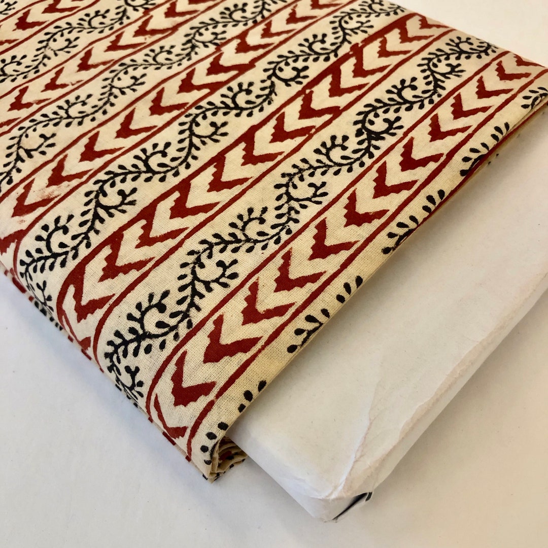 Striped Block Print Fabric, Brick Red Black Sandy Tan Indian Block ...