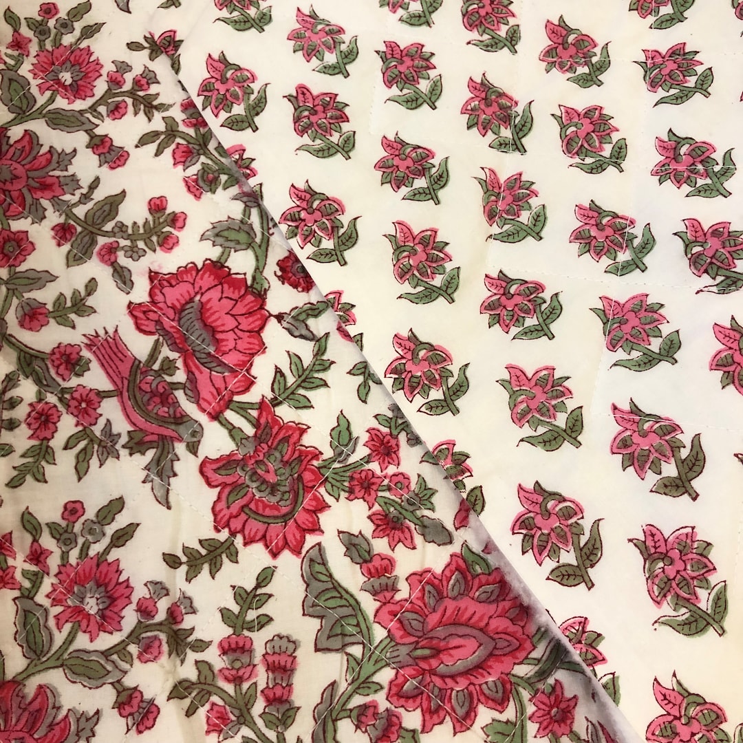 Quilted Floral Block Print Fabric, Two Prints, Pink Magenta Green White ...