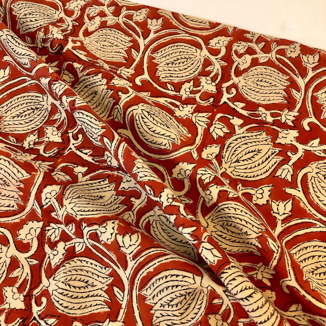 Floral Block Print Fabric, Brick Red Black Tan Indian Block Print, Made ...