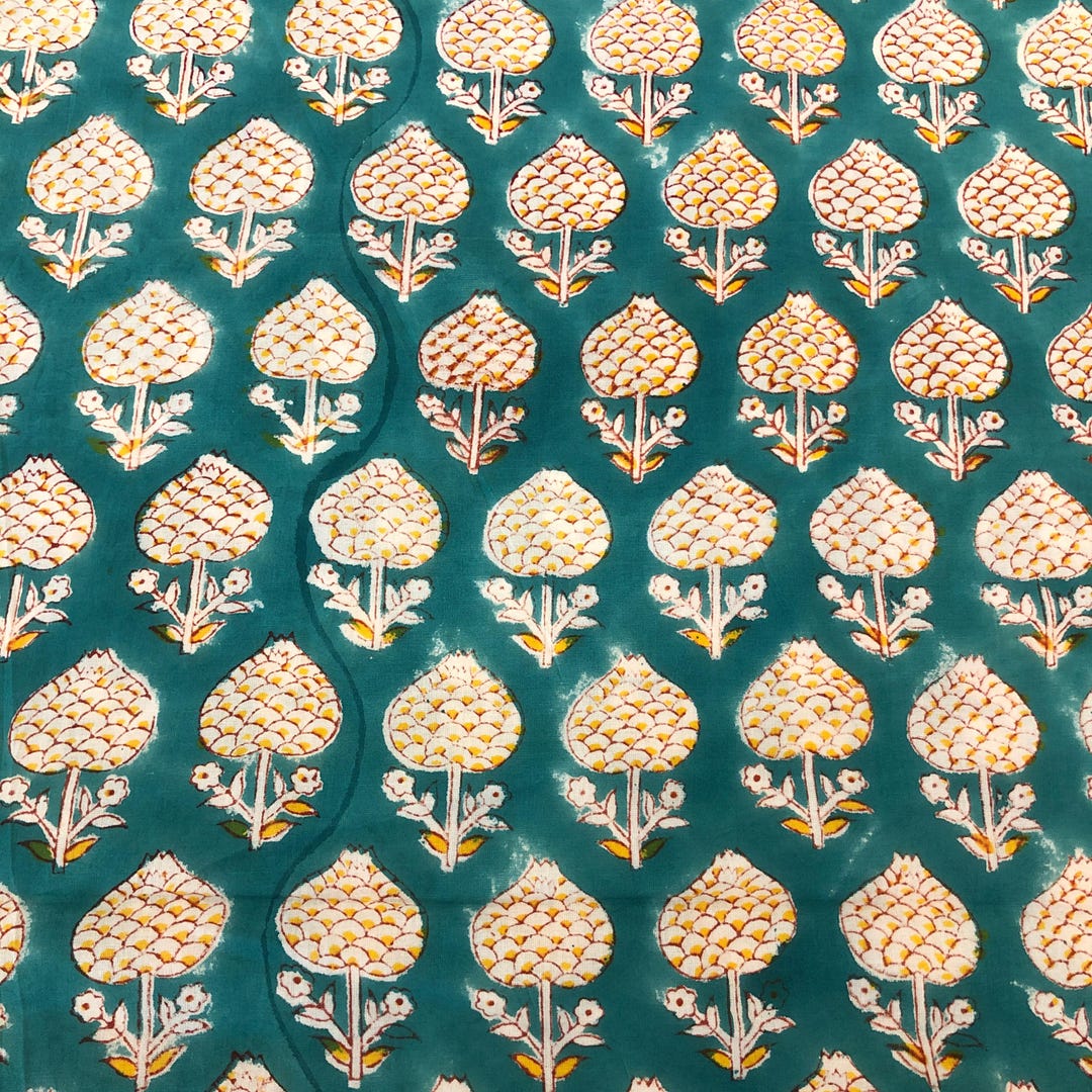 Teal Background Floral Block Print Fabric, Teal Yellow White Indian ...