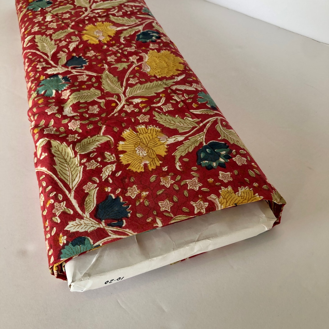 Red Floral Block Print Fabric, Blue and Yellow Floral Indian Block ...