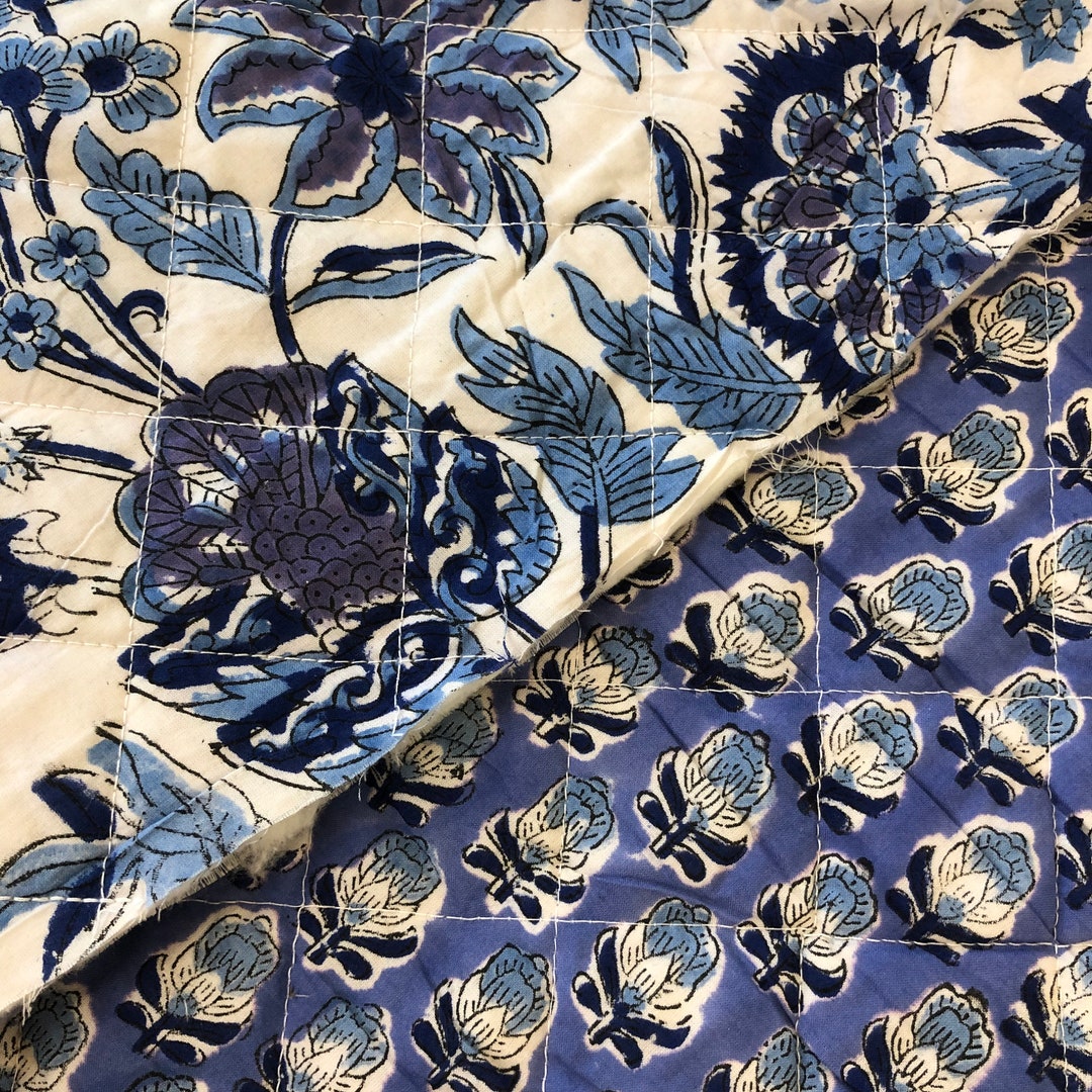 Quilted Floral Block Print Fabric, Two Prints, Periwinkle Navy Blue ...