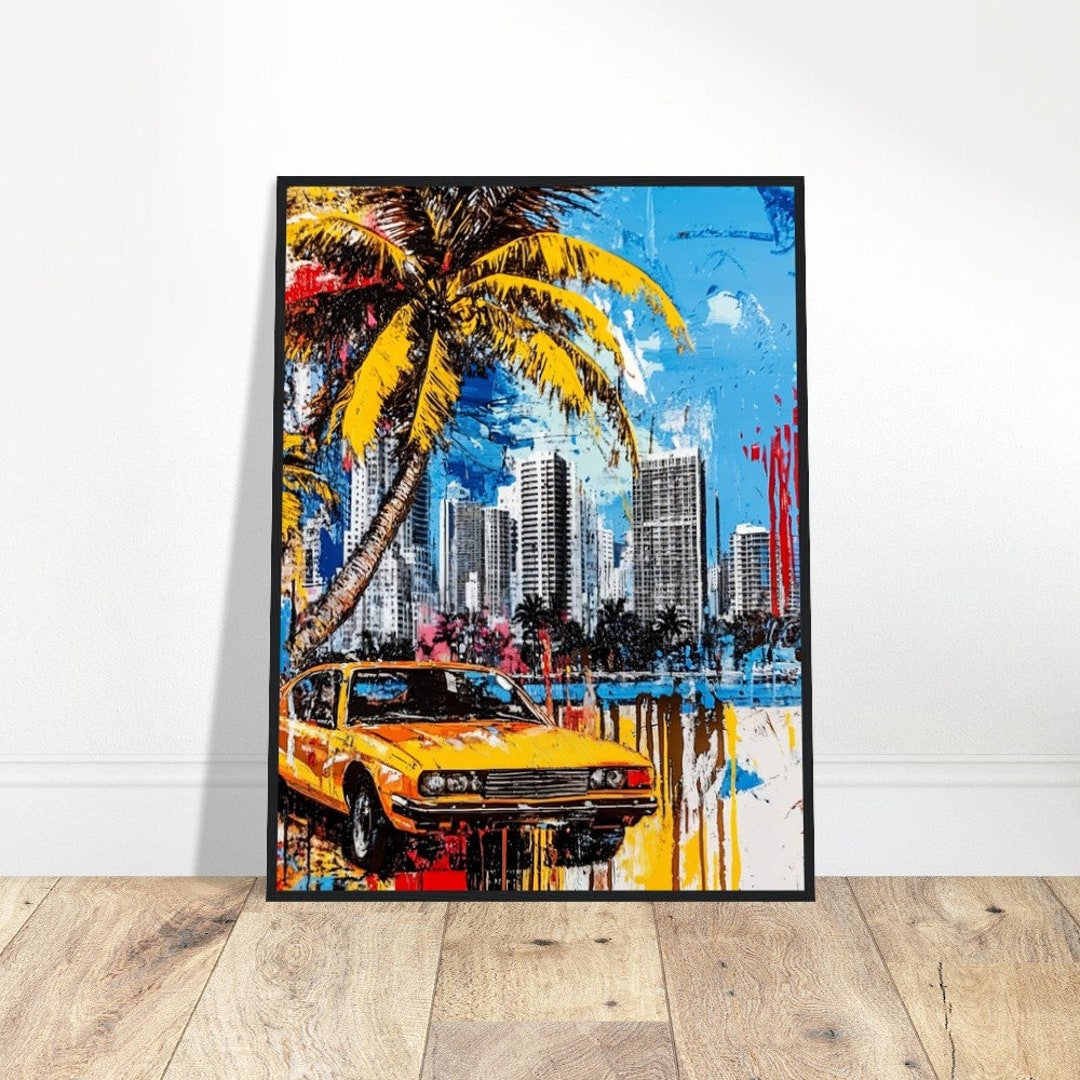Vintage Miami Car Oil Painting, Retro Cityscape Wall Art, Colorful ...