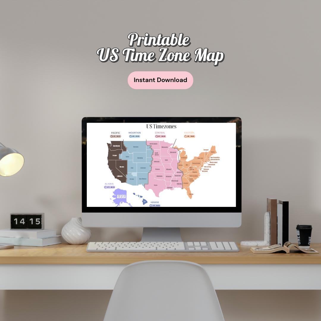 Printable US Time Zone Map | Modern Home Office Decor (instant Download ...