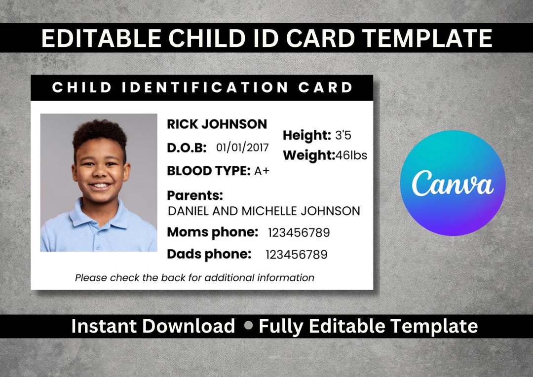 Editable Child ID Card Template, Printable Kids Safety Identification ...