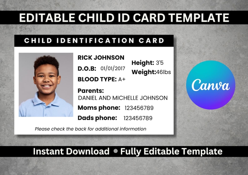 Editable Child ID Card Template - Customizable & Printable | Digital ...