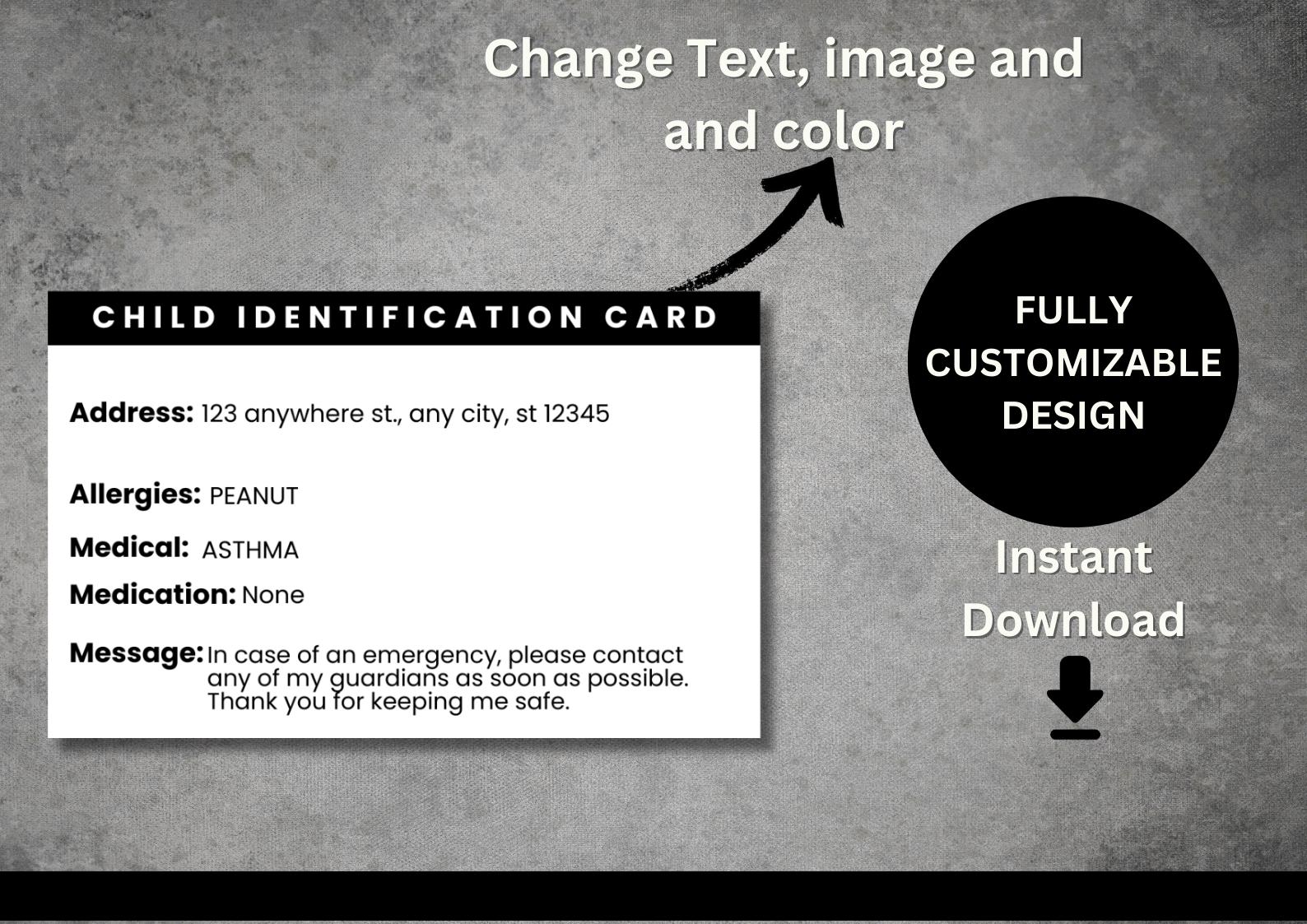 Editable Child ID Card Template, Printable Kids Safety Identification ...