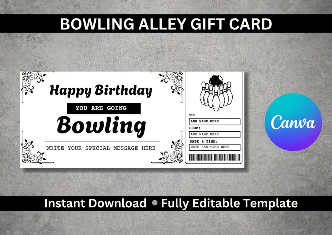 Bowling Alley Gift Card Template | Editable Digital Gift Voucher for ...