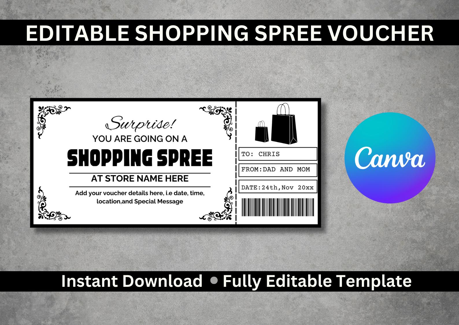 Shopping Spree Gift Voucher Template, Editable Canva Design, Printable ...