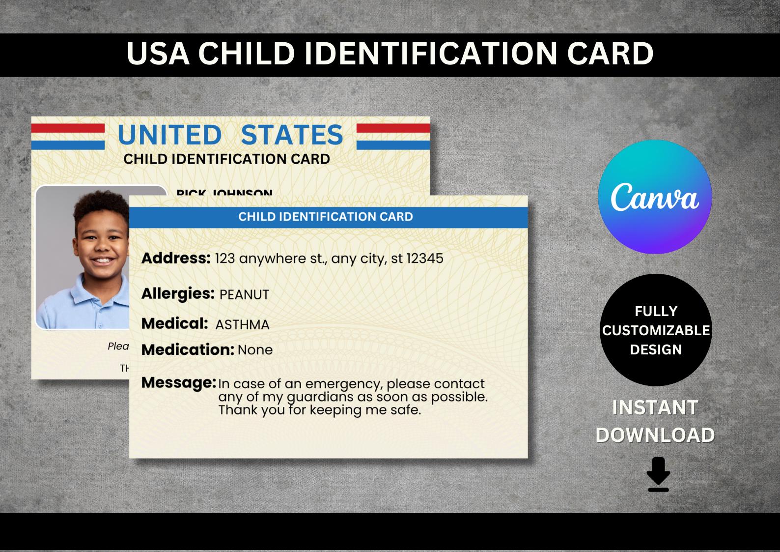 USA Child ID Card Template, Customizable Safety Card (digital Download ...