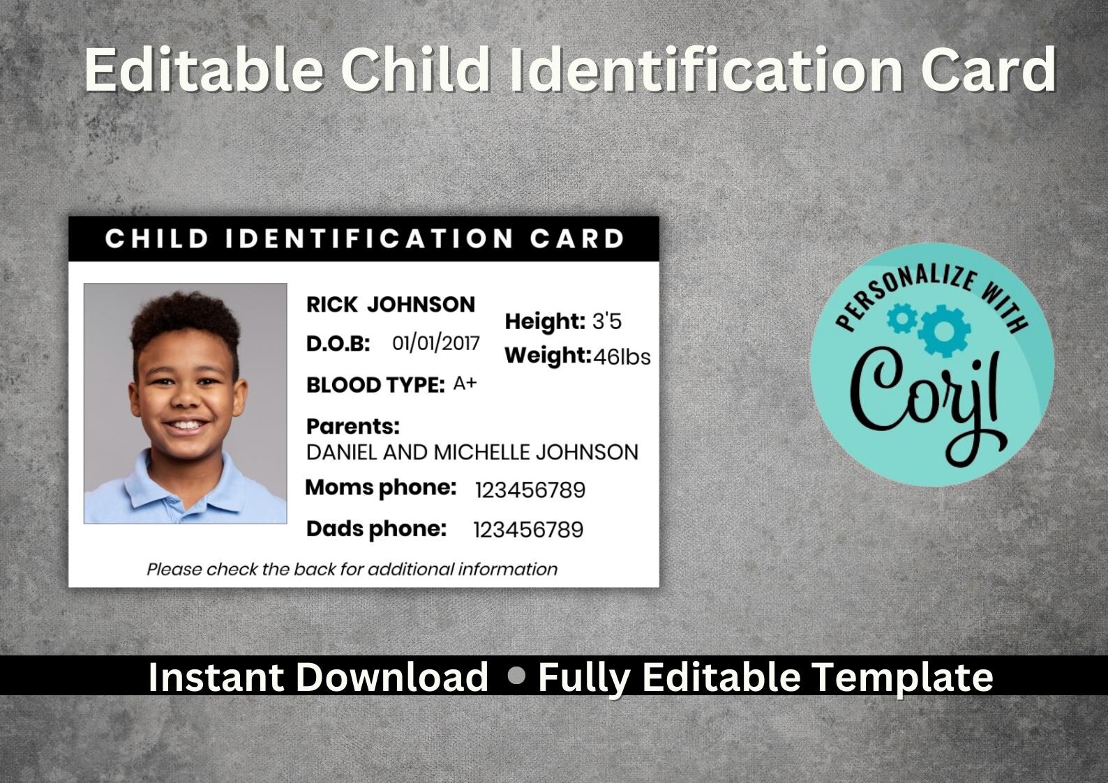 Editable Child ID Card Template Customizable & Printable Digital Kids ...