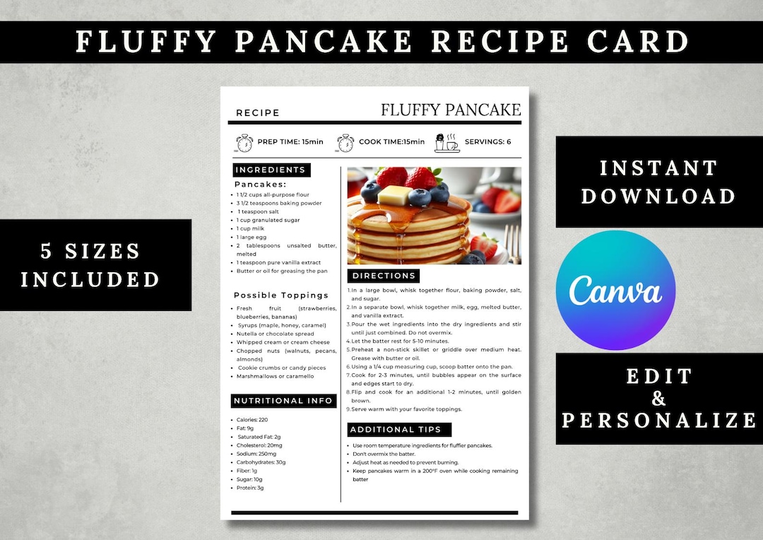 Simple Pancake Recipe Card Template ,pancake Recipee ,printable in 5 ...