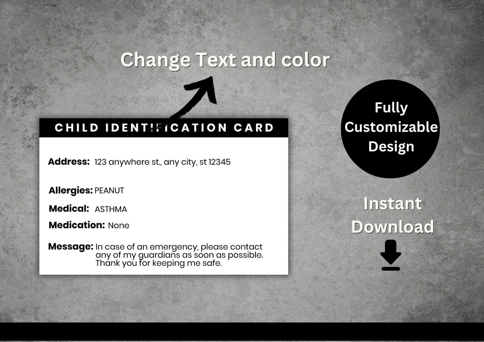 Editable Child ID Card Template Customizable & Printable Digital Kids ...