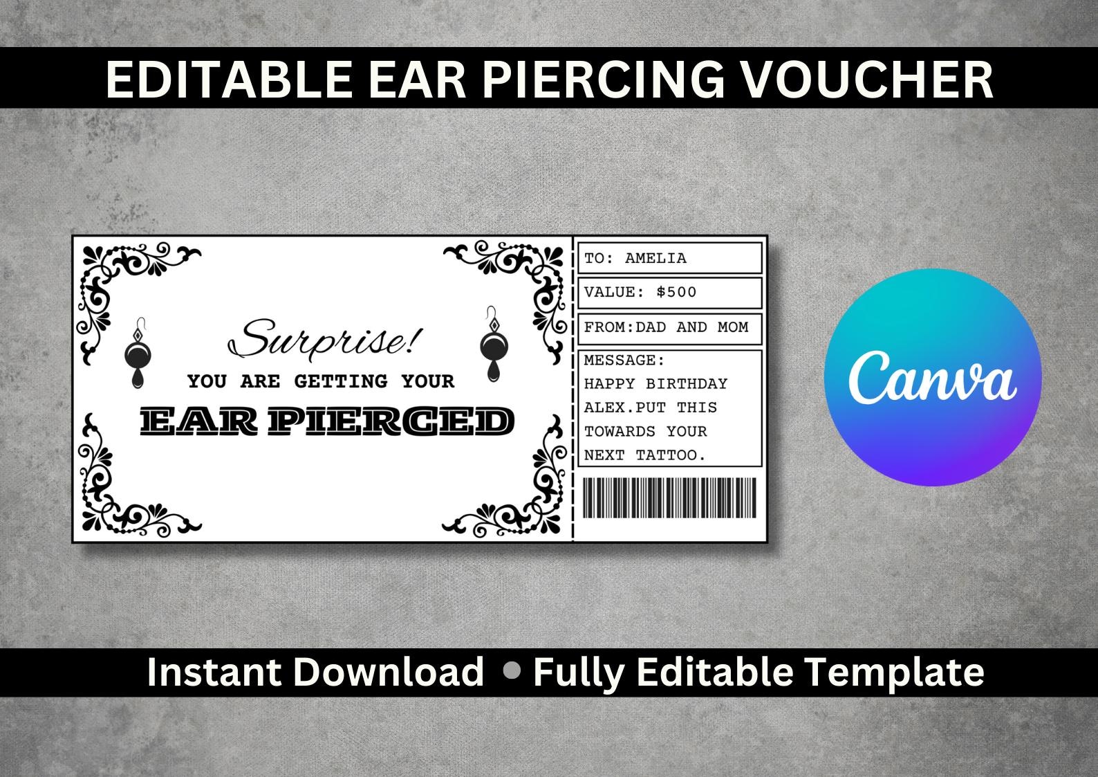 Custom Ear Piercing Gift Voucher | Editable Canva Template (digital ...