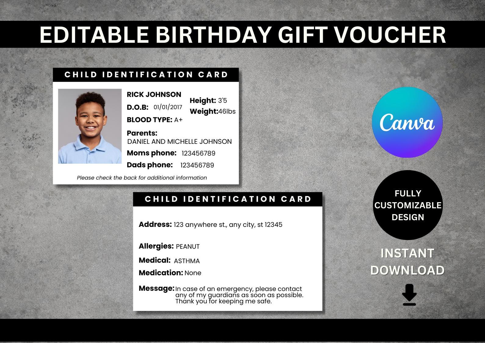 Editable Child ID Card Template, Printable Kids Safety Identification ...