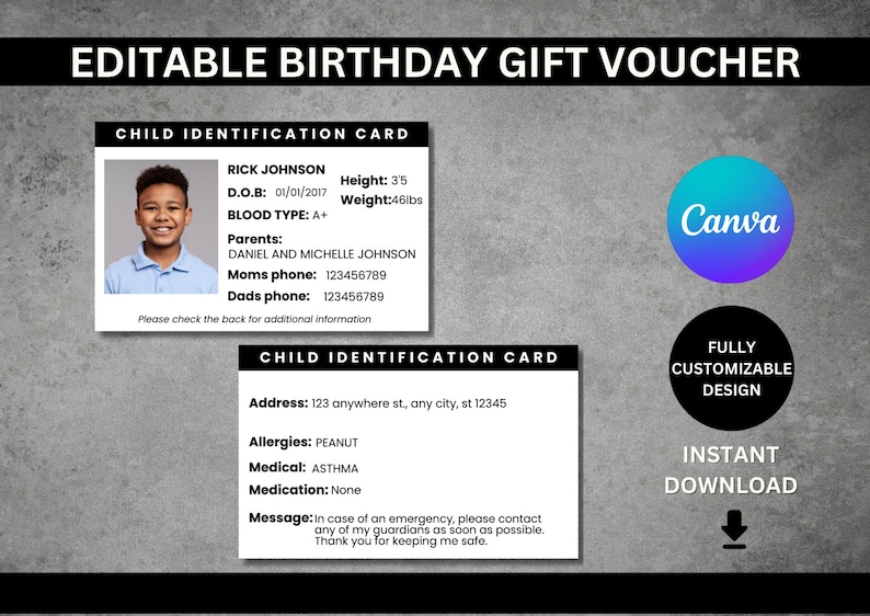 Editable Child ID Card Template - Customizable & Printable | Digital ...