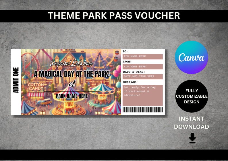 Editable Theme Park Pass Voucher Template, Customizable Digital Ticket ...