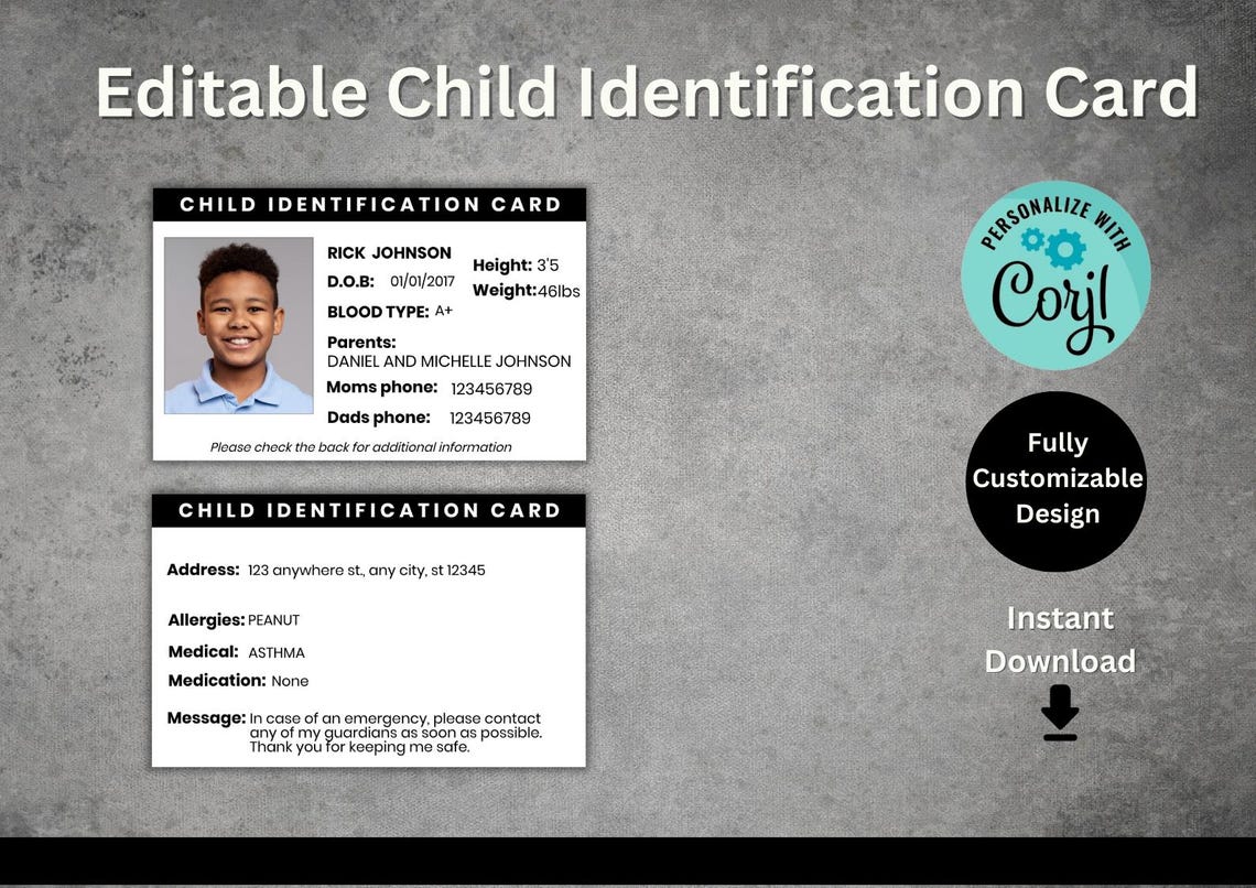 Editable Child ID Card Template Customizable & Printable Digital Kids ...