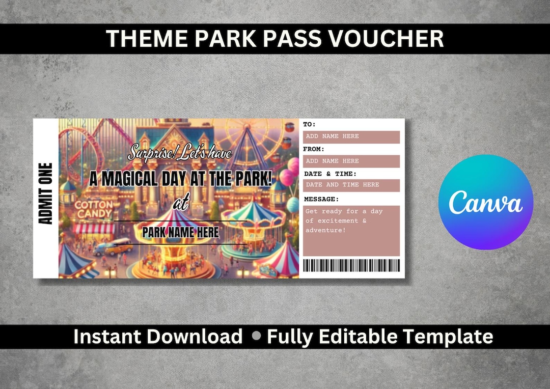 Editable Theme Park Pass Voucher Template, Customizable Digital Ticket ...