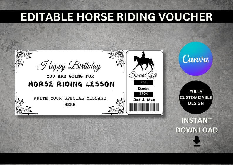 Editable Horseback Riding Lesson Voucher | Custom Riding Gift ...