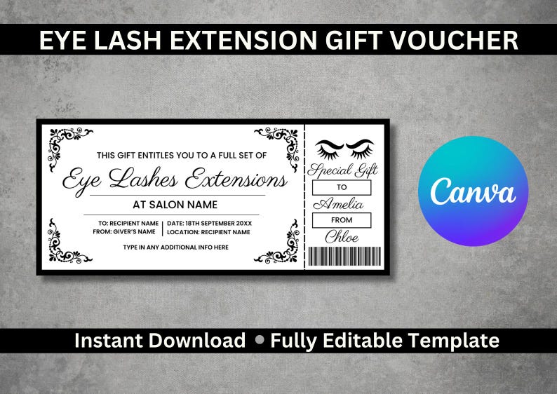 Editable Lash Extension Gift Voucher, Canva Personalized Beauty Gift ...