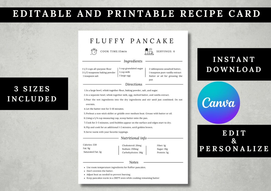 Simple Recipe Card Template ,one Page Modern Recipe Card ,printable in ...