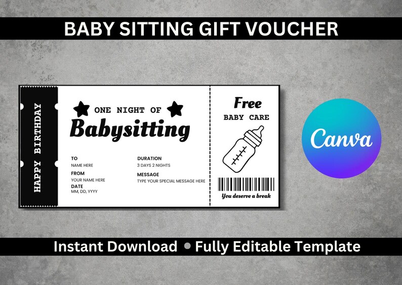 Editable Babysitting Voucher Card, Childcare Gift Certificate (digital ...